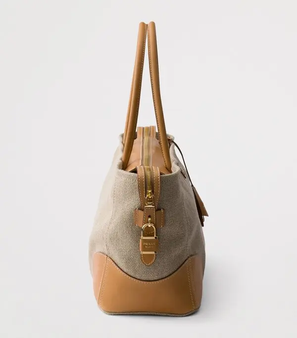 Prada Large Linen And Leather Tote Bag - Neutral