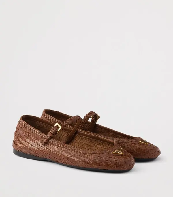 Prada Woven Leather Ballet Flats With Triangle Detail - Brown