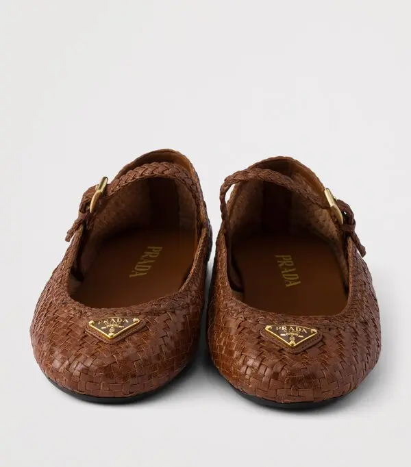 Prada Woven Leather Ballet Flats With Triangle Detail - Brown
