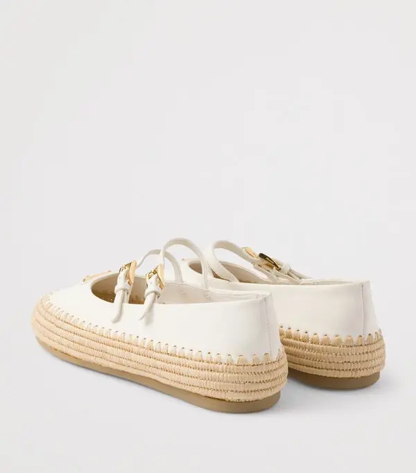 Prada Leather And Raffia Ballet Flats With Buckle Straps