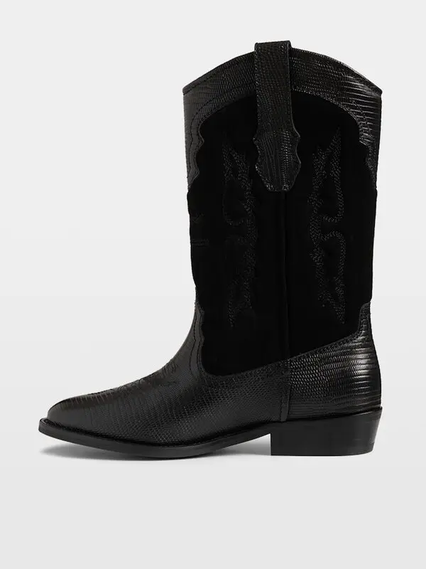 Zadig&Voltaire Western Style Leather Boots With Reptile Effect And Embroidery - Black