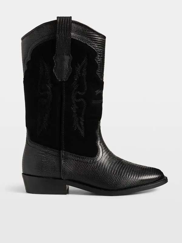 Zadig&Voltaire Western Style Leather Boots With Reptile Effect And Embroidery - Black