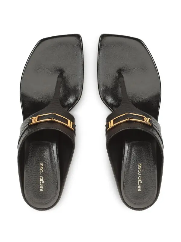 SERGIO ROSSI Black Leather Thong Sandals With Gold-tone Hardware