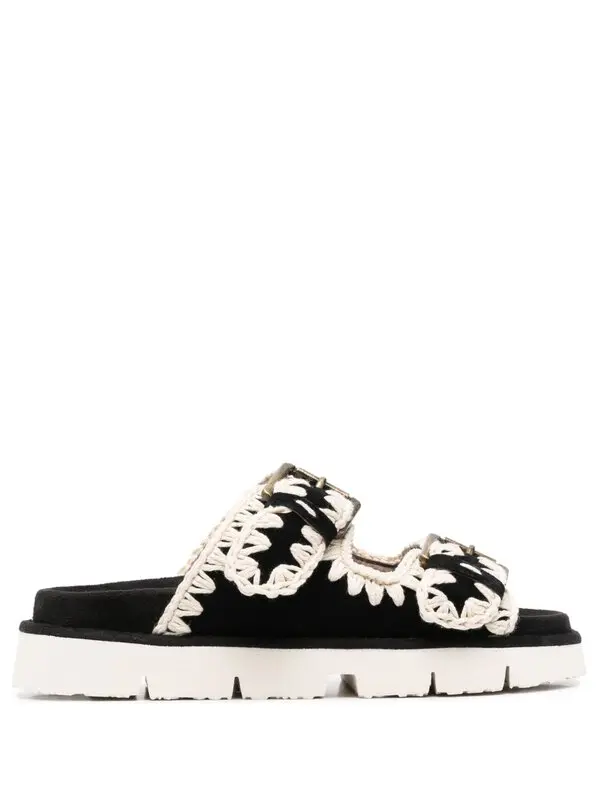 Mou Buckled Crochet Knit Sandals - Black