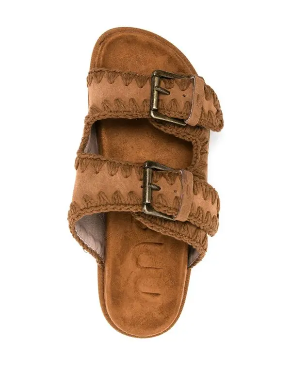 Mou Calf Suede Slip-on Sandals With Whipstitch Trim And Double Buckle Fastening
