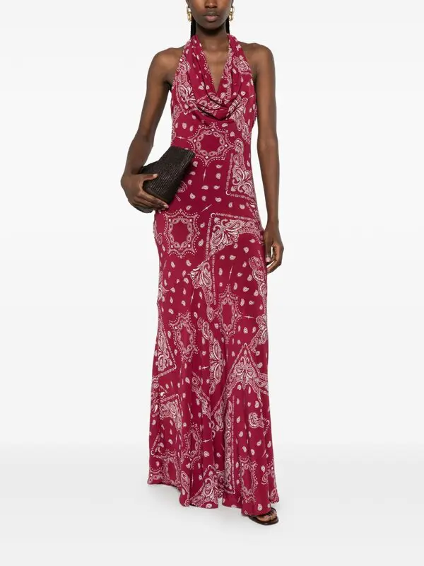 VENUJA Red Bandana Print Halterneck Maxi Robe - Bordeaux