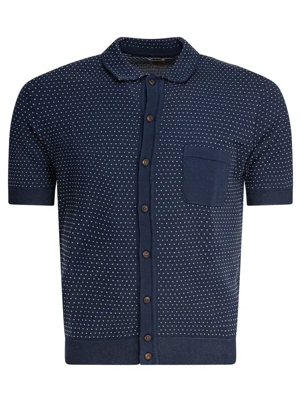 RAKKI Textured Knit Short Sleeve Polo Shirt With Micro Geometric Pattern - Blue