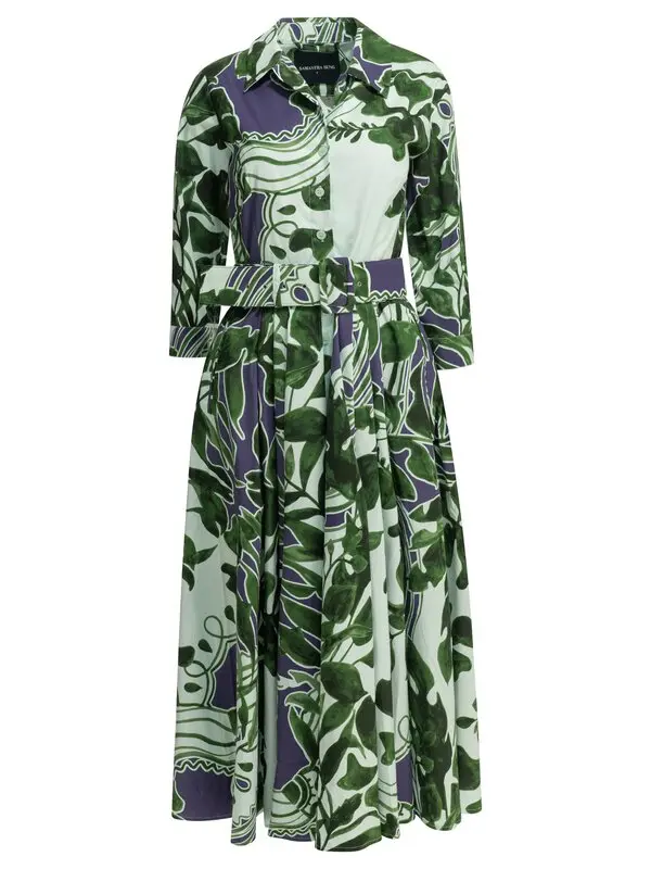 Samantha Sung Printed Belted Shirt Dress - Green