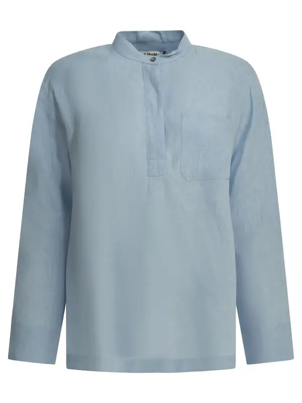 Max Mara Linen Shirt With Mandarin Collar And Pocket - Light Blue
