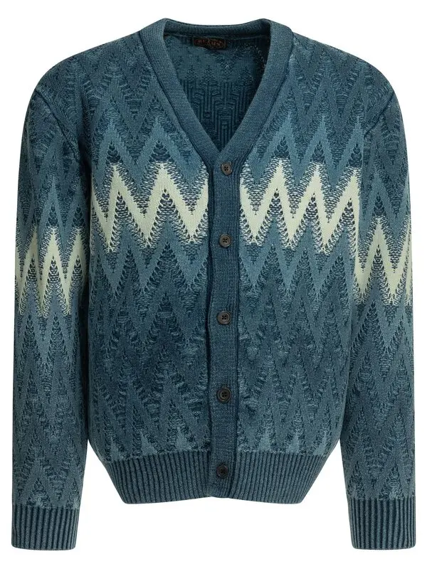 BEAMS Indigo Yarn Chevron Knit V-neck Cardigan