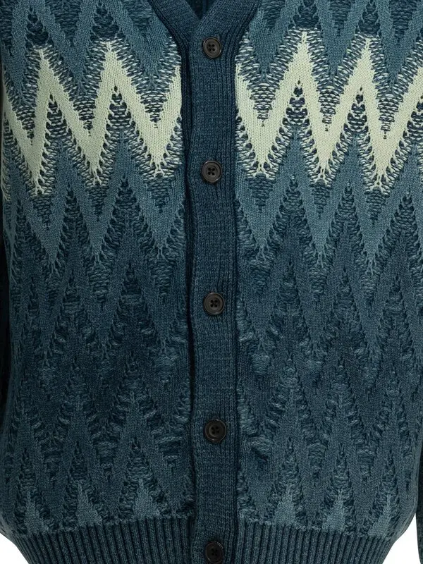 BEAMS Indigo Yarn Chevron Knit V-neck Cardigan