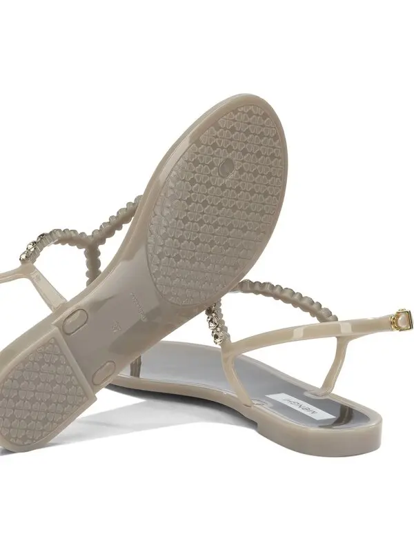 Menghi Bianca Jelly Flat Sandals With Embellished Straps - Beige