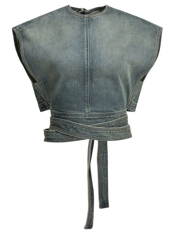 Alaïa Sleeveless Denim Cropped Top With Integrated Waistband - Light Blue