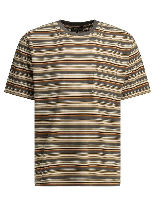 BEAMS Striped Cotton Jersey Crewneck T-shirt With Chest Pocket - Brown
