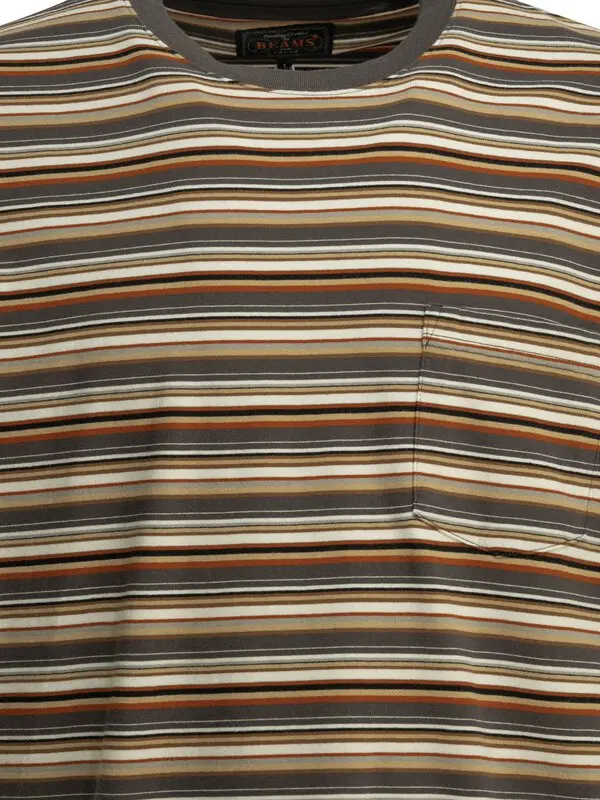 BEAMS Striped Cotton Jersey Crewneck T-shirt With Chest Pocket - Brown