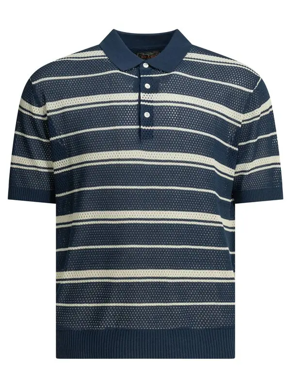 BEAMS Striped Cotton Mesh Knit Button-down Polo Shirt