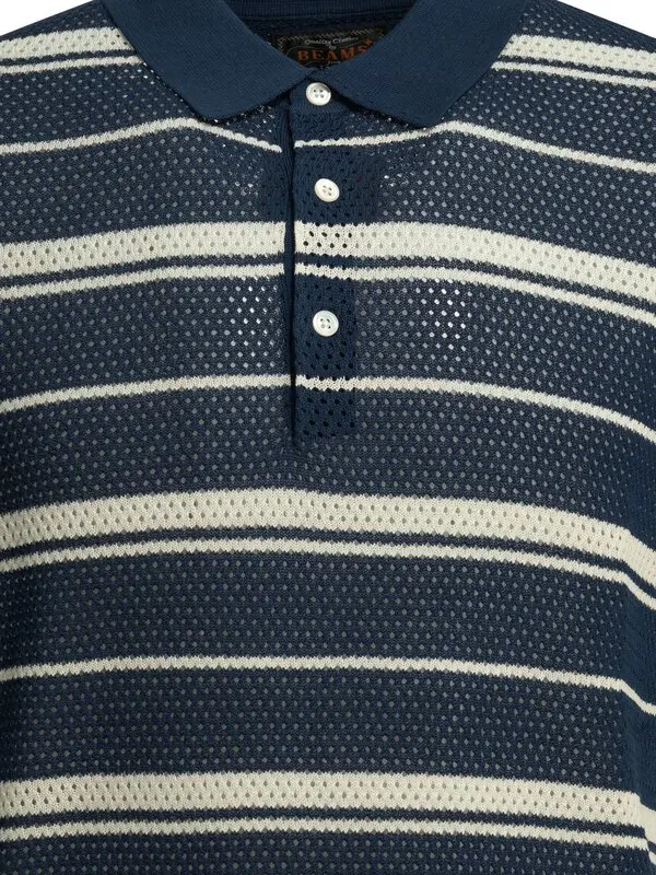 BEAMS Striped Cotton Mesh Knit Button-down Polo Shirt