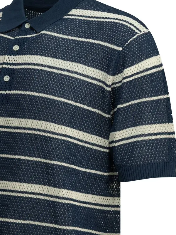 BEAMS Striped Cotton Mesh Knit Button-down Polo Shirt