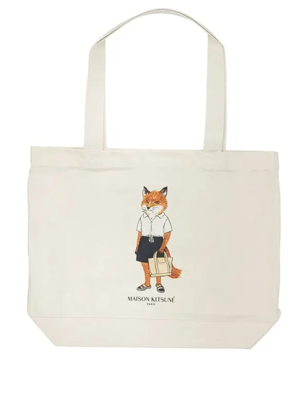Maison Kitsuné Large Dressed Fox Canvas Shoulder Bag - Beige