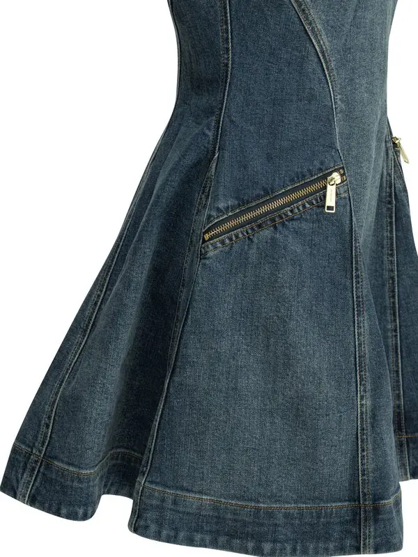SELF-PORTRAIT Denim Flared Mini Dress