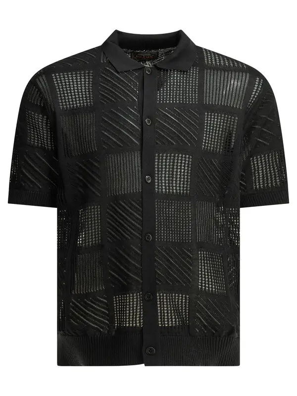 BEAMS Textured Knit Button-down Polo Shirt - Black