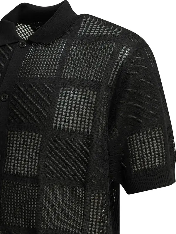 BEAMS Textured Knit Button-down Polo Shirt - Black