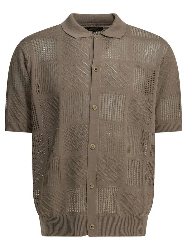 BEAMS Textured Knit Button-down Polo Shirt - Brown