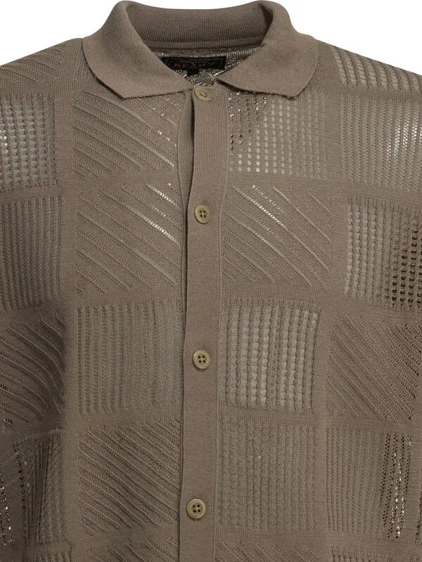 BEAMS Textured Knit Button-down Polo Shirt - Brown