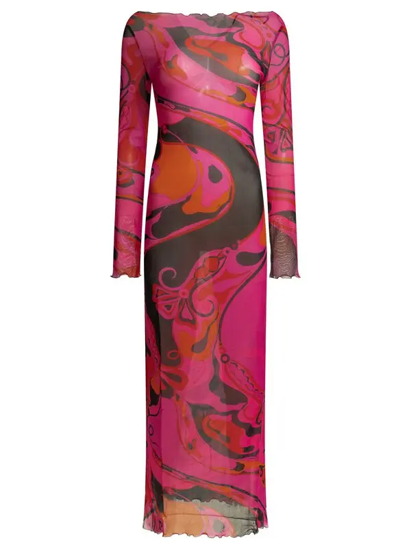 Emilio Pucci Orchidee Long Dress In Stretch Tulle - Fuchsia