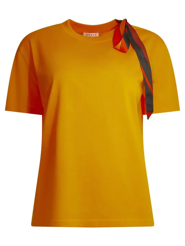 Emilio Pucci Cotton Knit Crew Neck T-shirt With Silk Ribbon Detail