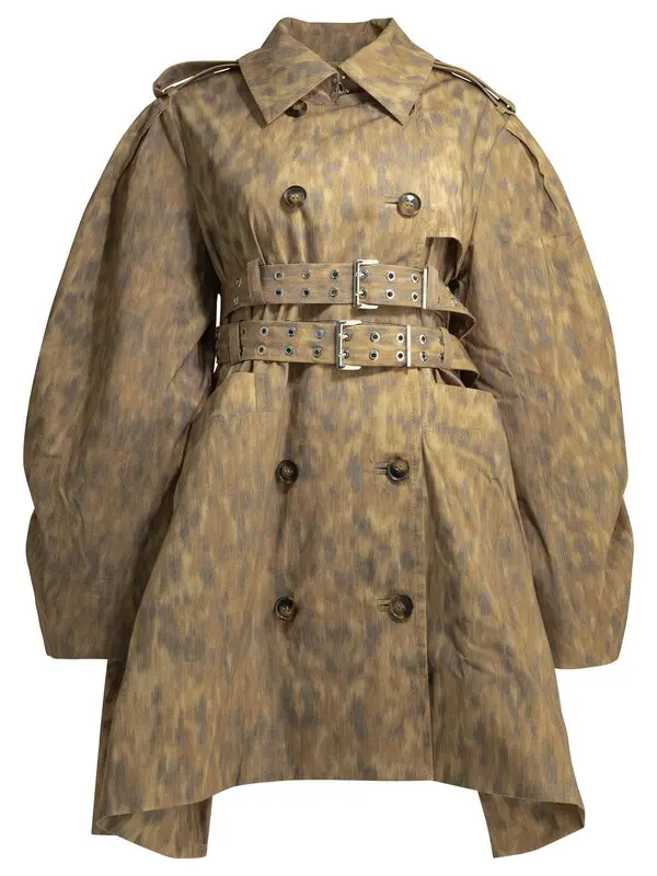GANNI Animal Print Double-breasted Trench Coat With Belted Waist - Beige