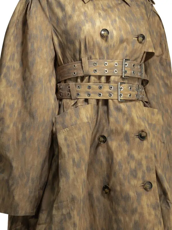 GANNI Animal Print Double-breasted Trench Coat With Belted Waist - Beige