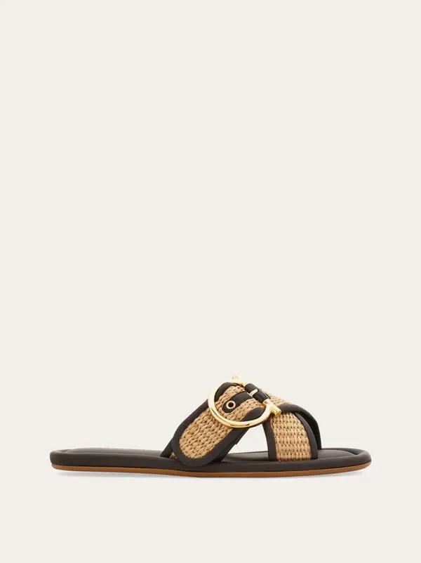 FERRAGAMO Double Strap Gancini Ornament Slide - Brown