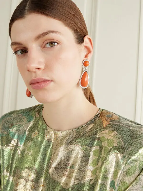 ELEUTERI Vintage 1980s Platinum, Coral, And Diamond Drop Earrings