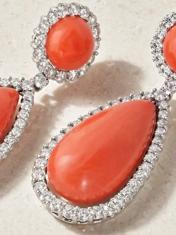 ELEUTERI Vintage 1980s Platinum, Coral, And Diamond Drop Earrings