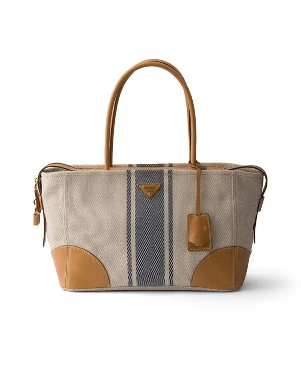 Prada Large Canvas And Leather Tote Bag - Neutral