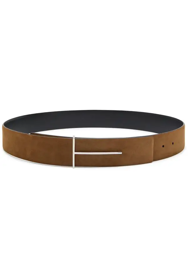 TOM FORD Reversible Nubuck Leather Belt With Signature T Buckle - Brown