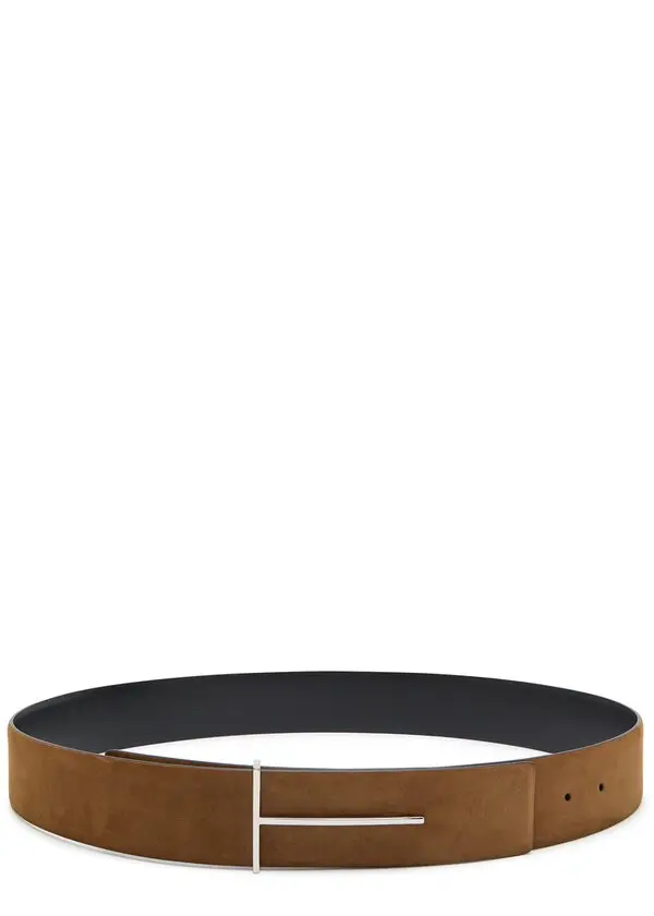 TOM FORD Reversible Nubuck Leather Belt With Signature T Buckle - Brown