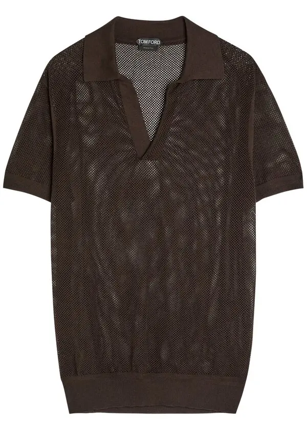 TOM FORD Crochet-knit Sheer Cotton And Silk-blend Polo Shirt - Brown