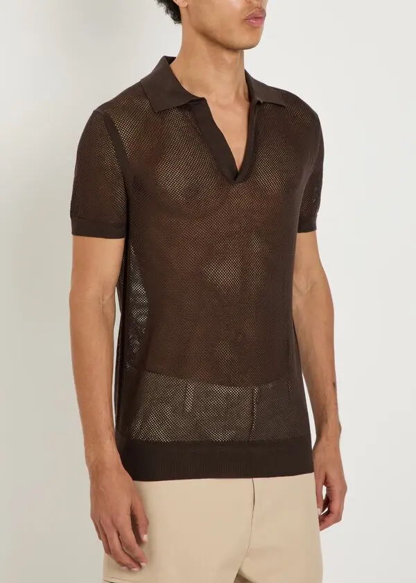 TOM FORD Crochet-knit Sheer Cotton And Silk-blend Polo Shirt - Brown