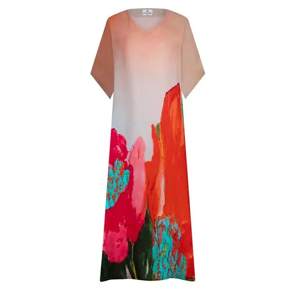 DHARA SHETH, DUBAI Dhara Sheth Dubai Coral Mirage Floral Long Kaftan Dress - Red