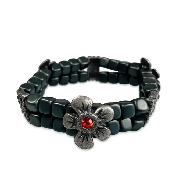 BELLUS DOMINA Grey Hematite Beaded Bracelet With Flower Motif - Grey/red