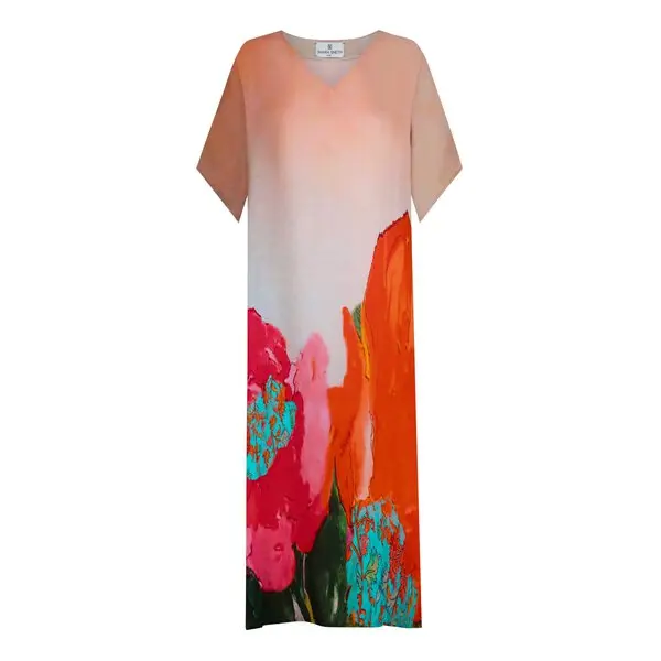 DHARA SHETH, DUBAI Coral Mirage Floral Long Kaftan Dress With Side Slits Red & Multicolor Dress - Orange/red