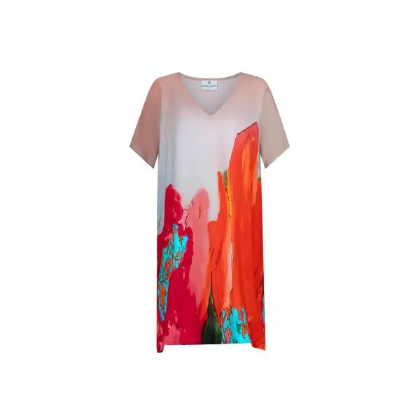 DHARA SHETH, DUBAI Coral Mirage Floral Printed Short Kaftan Dress Red & Multicolor Beach Cover Up - Orange/red