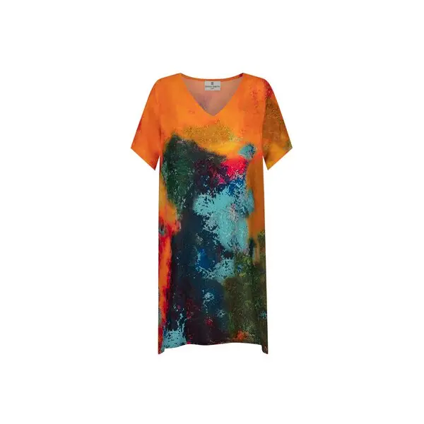 DHARA SHETH, DUBAI Canvas & Chaos Abstract Print Short Kaftan Dress Multicolor - Black