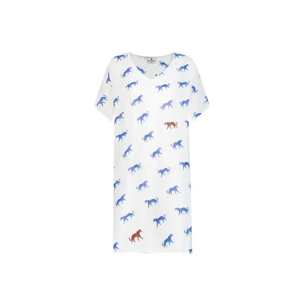 DHARA SHETH, DUBAI White / Brown / Blue Leopard Luxe Sheer Short Kaftan Dress Blue & White Beach Cover Up - White/brown/blue