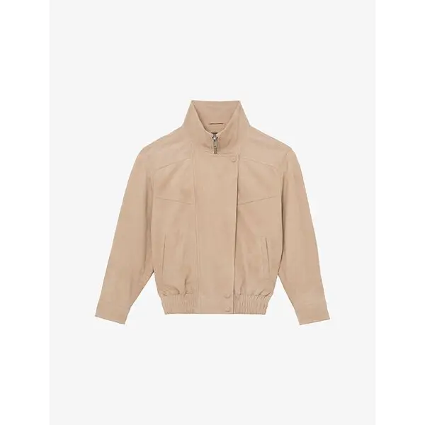 REISS Petra Oversized Suede Funnel Neck Jacket - Neutral