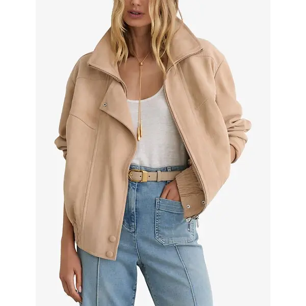 REISS Petra Oversized Suede Funnel Neck Jacket