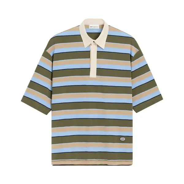 AMI Paris Short-sleeve Striped Oversized Polo - Blue