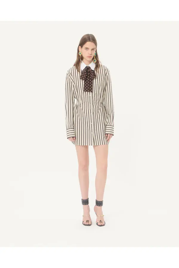 Valentino Garavani Midi Dress In Printed Striped Poplin - Chocolate